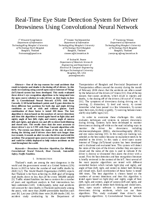 Pdf Real Time Eye State Detection System For Driver Drowsiness Using