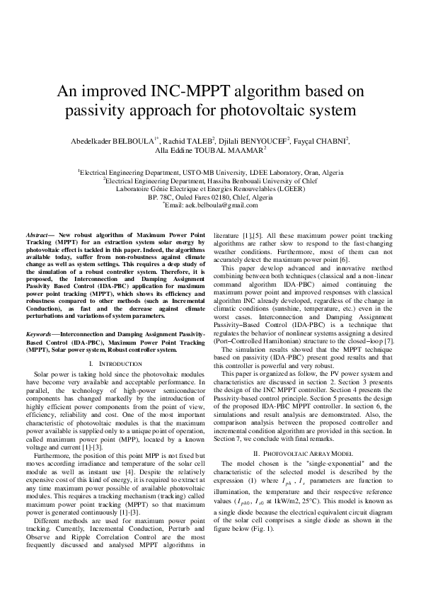Pdf An Improved Inc Mppt Algorithm Based On Passivity Approach For