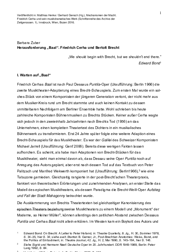 (PDF) Herausforderung Baal. Friedrich Cerha und Bertolt Brecht