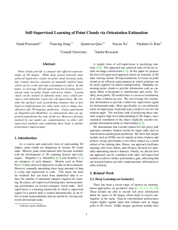 (PDF) Self-Supervised Learning of Point Clouds via Orientation Estimation