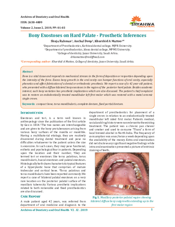 (PDF) Bony Exostoses on Hard Palate - Prosthetic Inferences