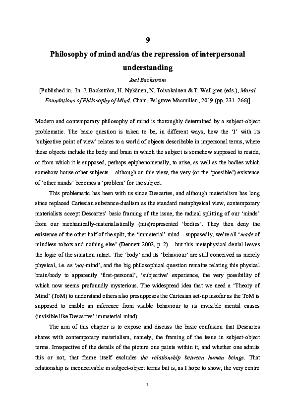 (PDF) Philosophy of mind and/as the repression of interpersonal ...