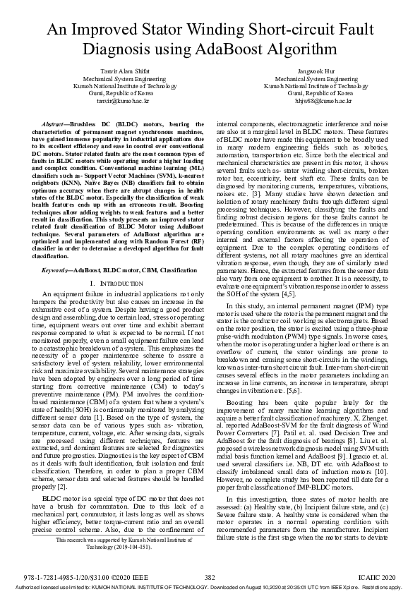 Pdf An Improved Stator Winding Short Circuit Fault Diagnosis Using Ada Boost Algorithm