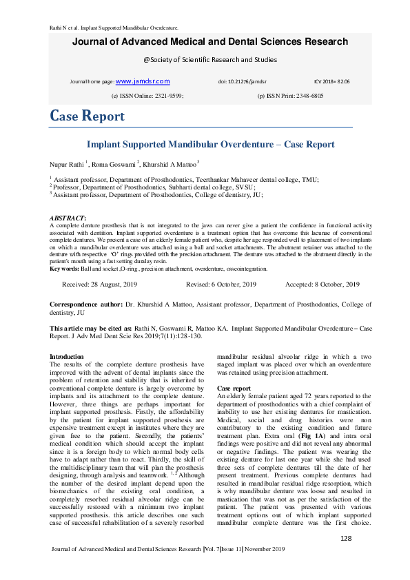 (PDF) Implant Supported Mandibular Overdenture - Case Report