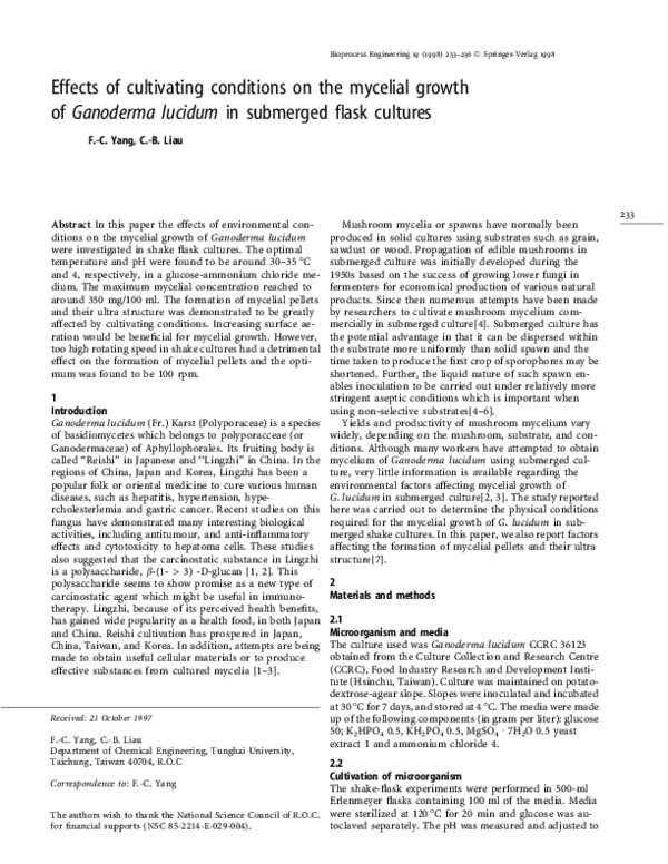 (PDF) Effects of cultivating conditions on the mycelial growth of Ganoderma lucidum in submerged ...