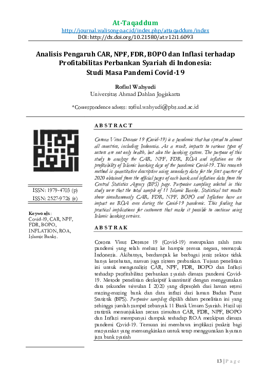 (PDF) At-Taqaddum Analisis Pengaruh CAR, NPF, FDR, BOPO dan Inflasi terhadap Profitabilitas ...