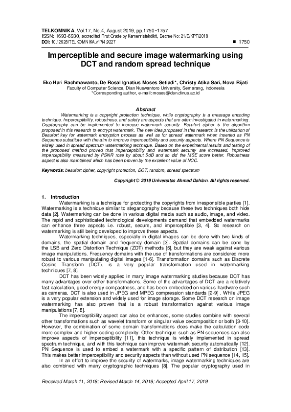 Pdf Imperceptible And Secure Image Watermarking Using Dct And Random