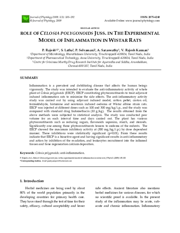 (PDF) Role of Celosia polygonoids juss. in the experimental model of inflammation in wistar rats