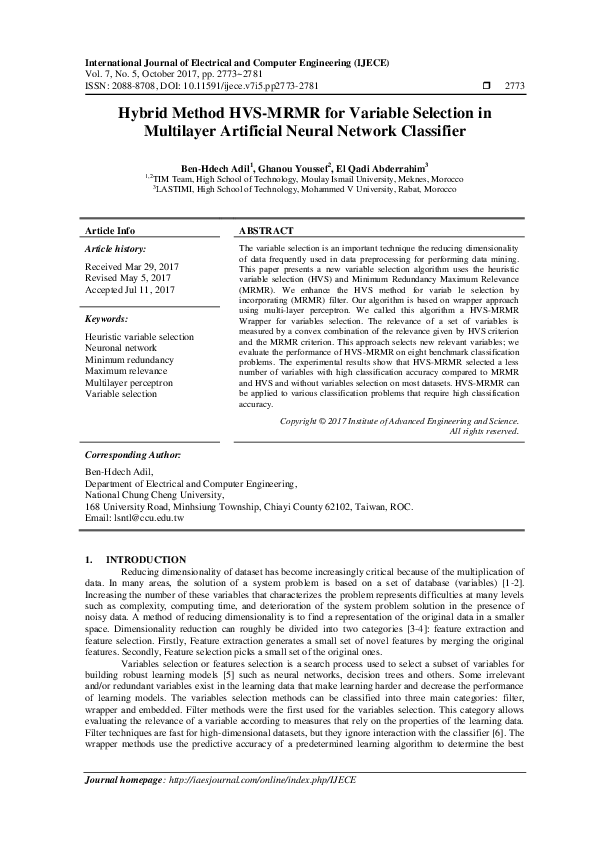 Pdf Hybrid Method Hvs Mrmr For Variable Selection In Multilayer Artificial Neural Network