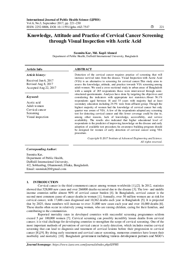(PDF) Knowledge, Attitude and Practice of Cervical Cancer Screening through Visual Inspection ...