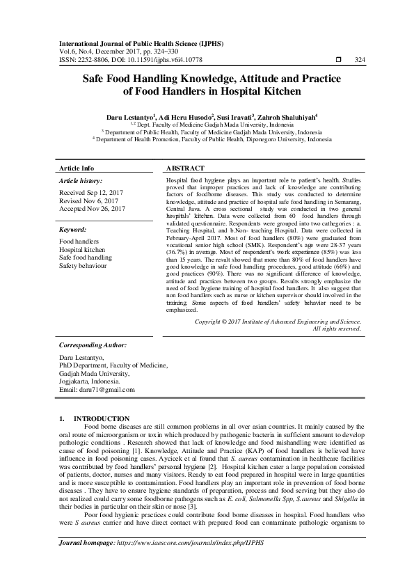 (PDF) Safe Food Handling Knowledge, Attitude and Practice of Food ...