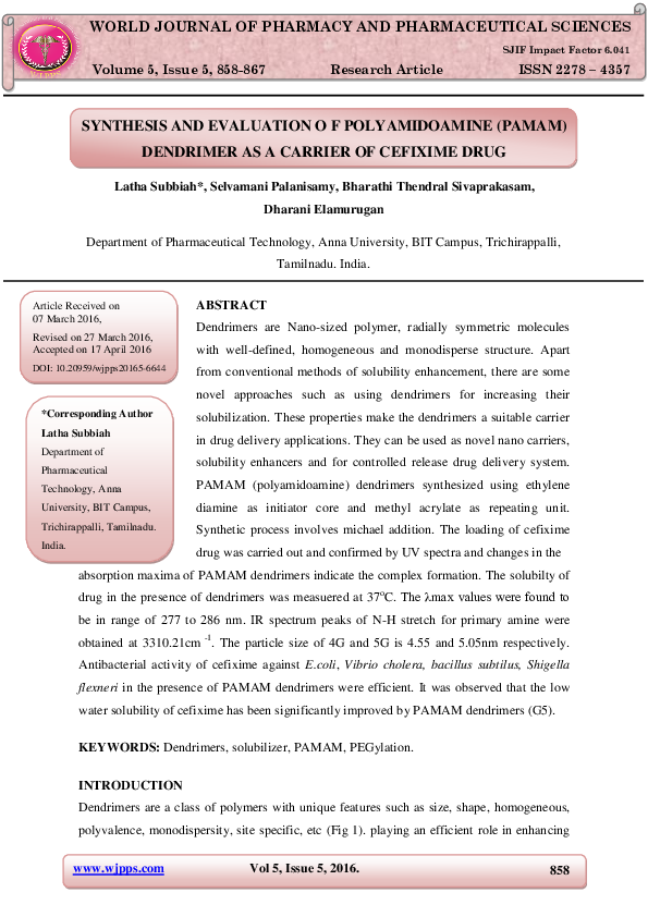 (PDF) SYNTHESIS AND EVALUATION O F POLYAMIDOAMINE (PAMAM) DENDRIMER AS ...