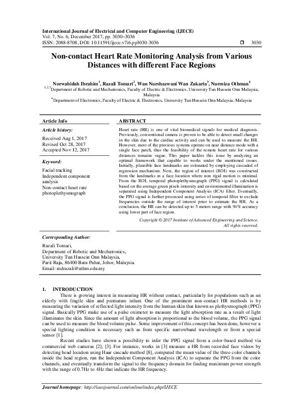 (PDF) Non-contact Heart Rate Monitoring Analysis from Various Distances with different Face Regions