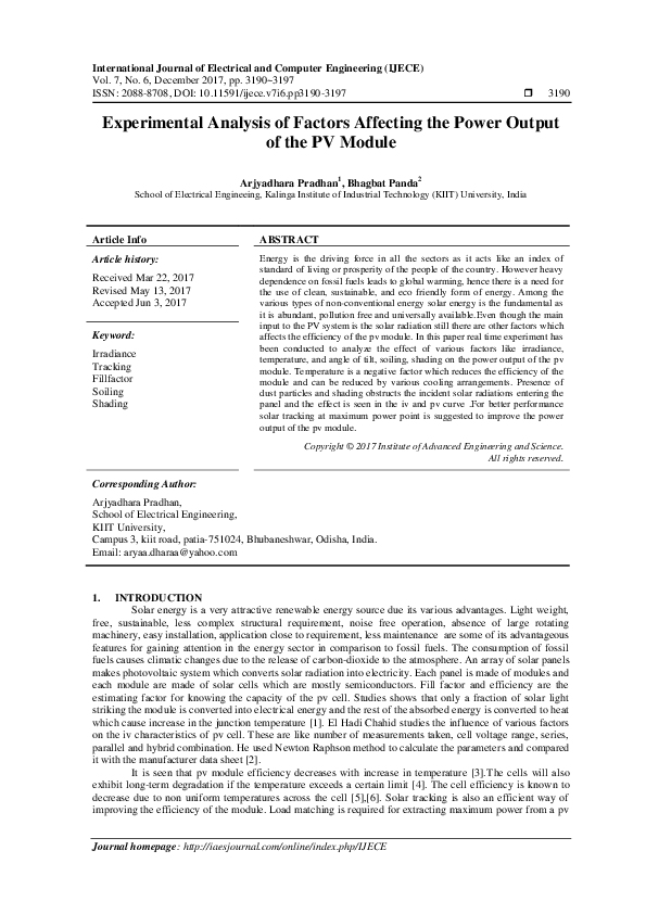 Pdf Experimental Analysis Of Factors Affecting The Power Output Of The Pv Module