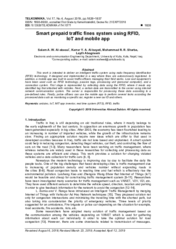 (PDF) Smart prepaid traffic fines system using RFID, IoT and mobile app