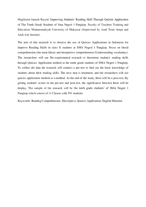 (PDF) Improving Students' Reading Skill Through Quizizz Application of The Tenth Grade Students ...