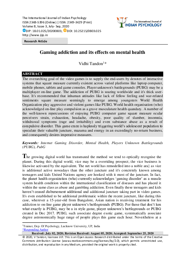 (PDF) Gaming addiction and its effects on mental health