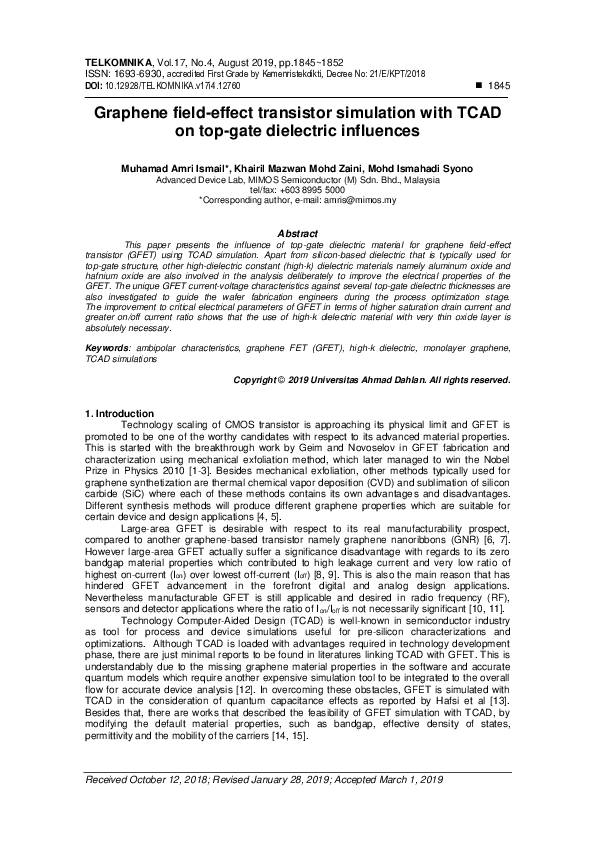 Pdf Graphene Field Effect Transistor Simulation With Tcad On Top Gate Dielectric Influences