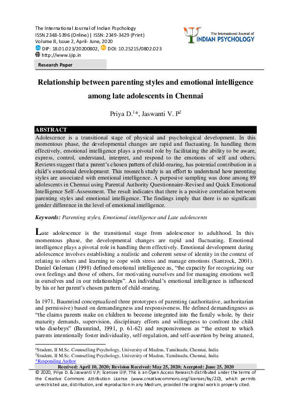 (PDF) Relationship between parenting styles and emotional intelligence among late adolescents in ...