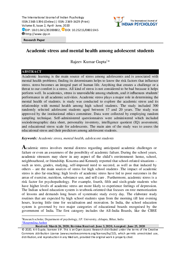 (PDF) Academic stress and mental health among adolescent students