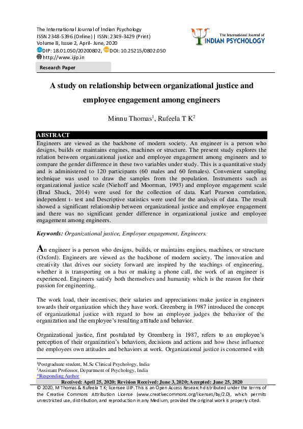 (PDF) A study on relationship between organizational justice and employee engagement among engineers