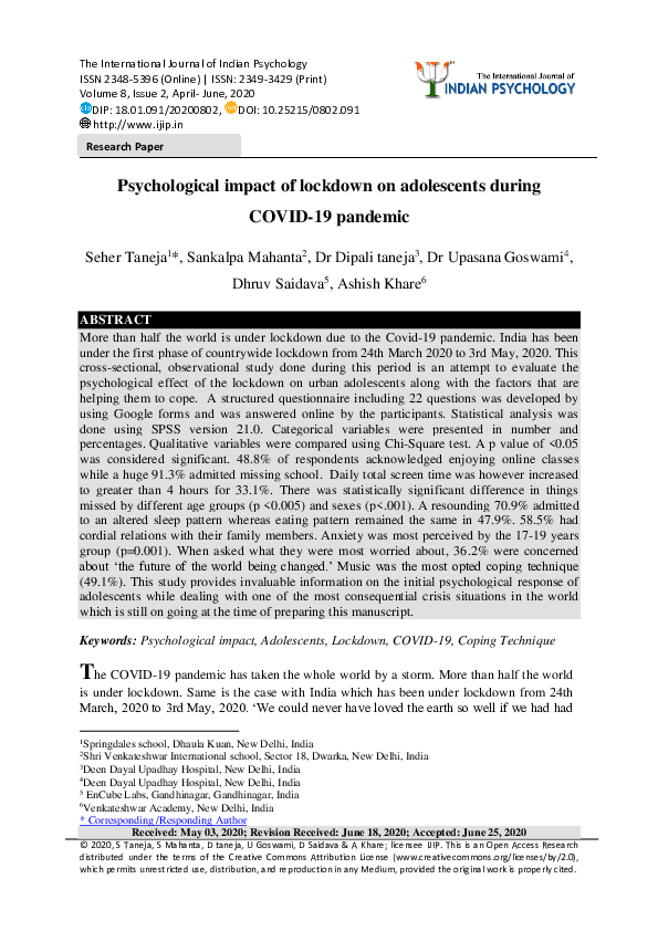 (PDF) Psychological impact of lockdown on adolescents during COVID-19 ...