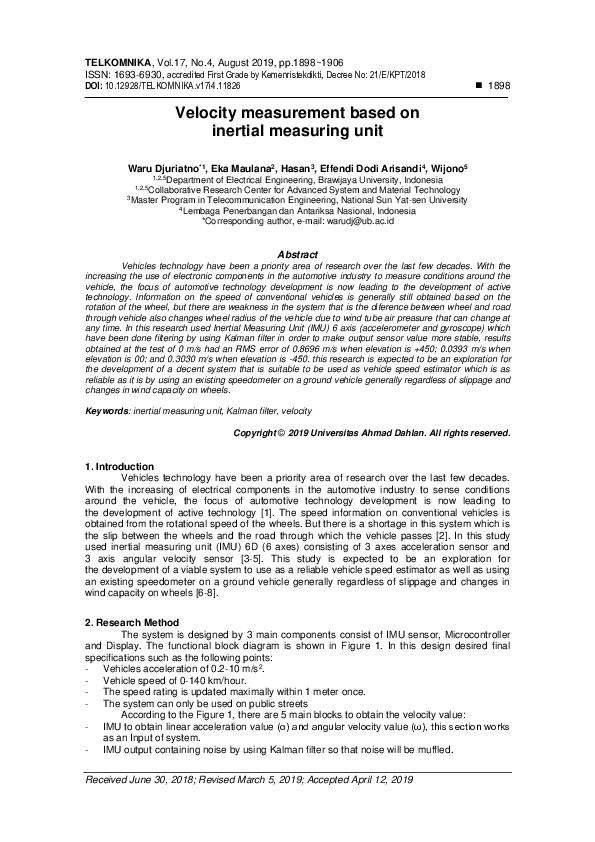 Pdf Velocity Measurement Based On Inertial Measuring Unit
