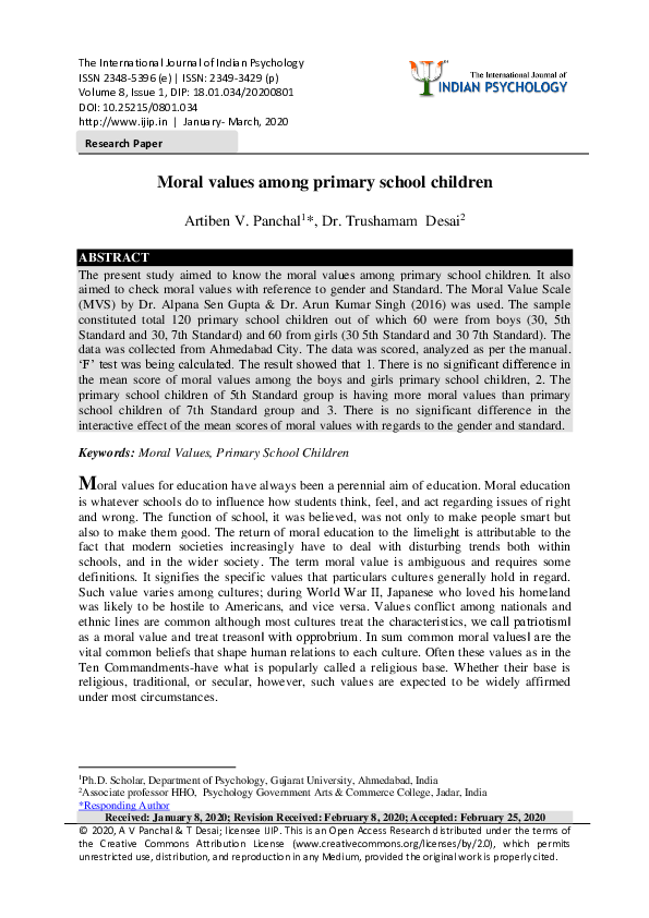 (PDF) Moral values among primary school children
