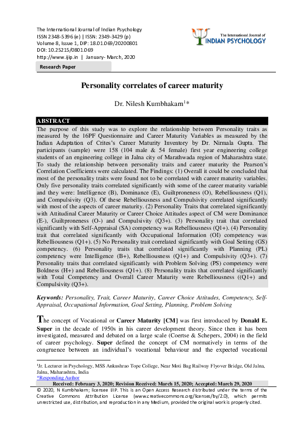 (PDF) Personality correlates of career maturity