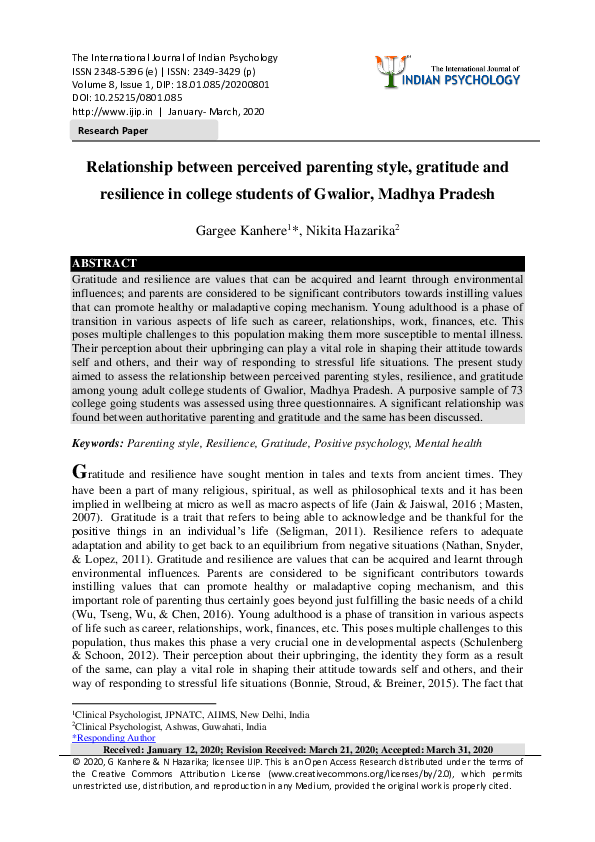 (PDF) Relationship between perceived parenting style, gratitude and resilience in college ...