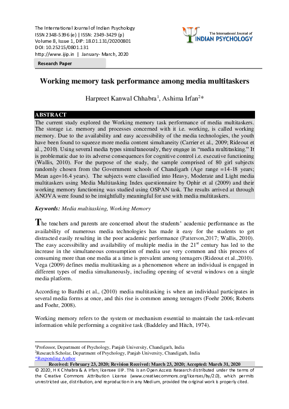 Pdf Working Memory Task Performance Among Media Multitaskers