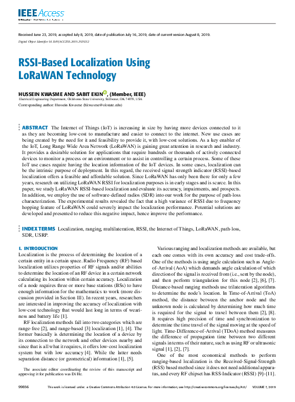 Pdf Rssi Based Localization Using Lorawan Technology