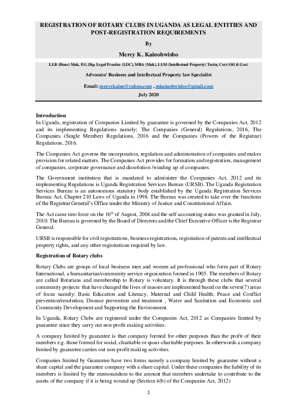 (PDF) REGISTRATION OF ROTARY CLUBS IN UGANDA AS LEGAL ENTITIES AND POST ...