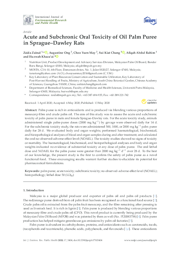 (PDF) Acute and Subchronic Oral Toxicity of Oil Palm Puree in Sprague-Dawley Rats