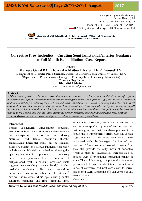 (PDF) Corrective Prosthodontics - Curating Semi Functional Anterior ...