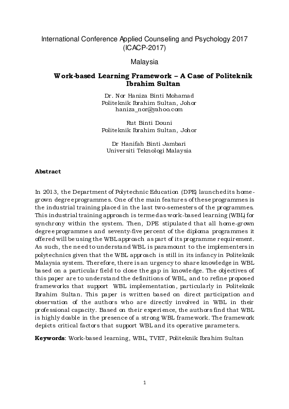 (PDF) Work-based Learning Framework -A Case of Politeknik Ibrahim Sultan