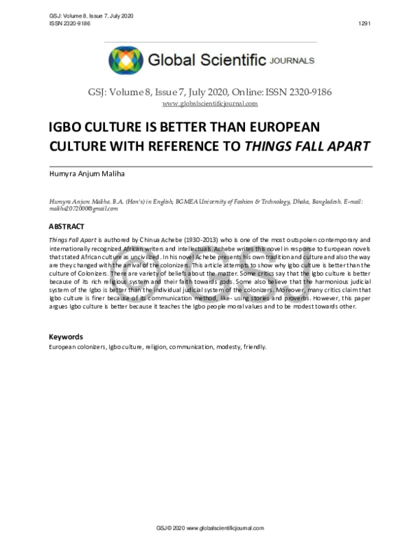 (PDF) IGBO CULTURE IS BETTER THAN EUROPEAN CULTURE WITH REFERENCE TO ...