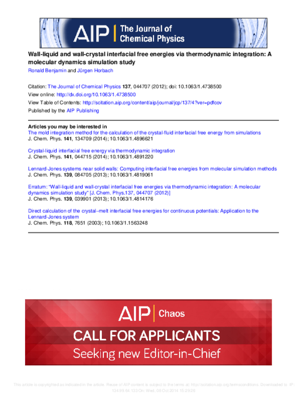 (PDF) Crystal-liquid interfacial free energy via thermodynamic integration