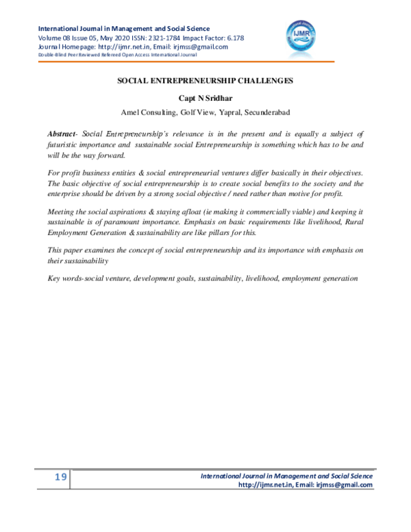 (PDF) SOCIAL ENTREPRENEURSHIP CHALLENGES