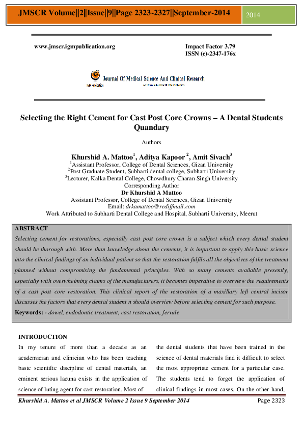 (PDF) Selecting the Right Cement for Cast Post Core Crowns -A Dental ...