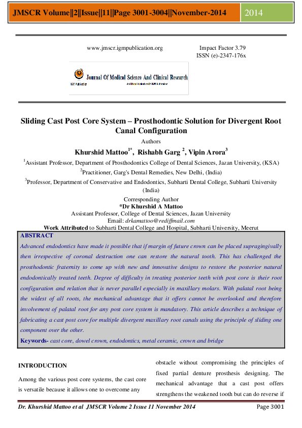 (PDF) Sliding Cast Post Core System -Prosthodontic Solution for ...