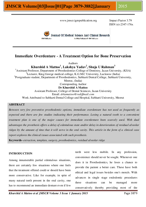 (PDF) Immediate Overdenture -A Treatment Option for Bone Preservation