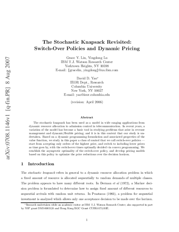 (PDF) The Stochastic Knapsack Revisited: Switch-Over Policies and ...