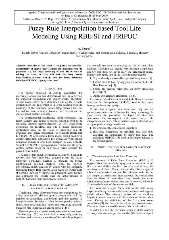 Pdf Fuzzy Rule Interpolation Based Tool Life Modeling Using Rbe Si And Fripoc Antónia Berecz