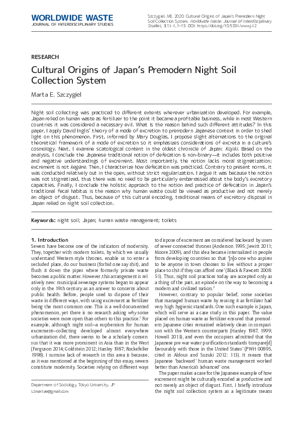 (PDF) Cultural Origins of Japan’s Premodern Night Soil Collection System
