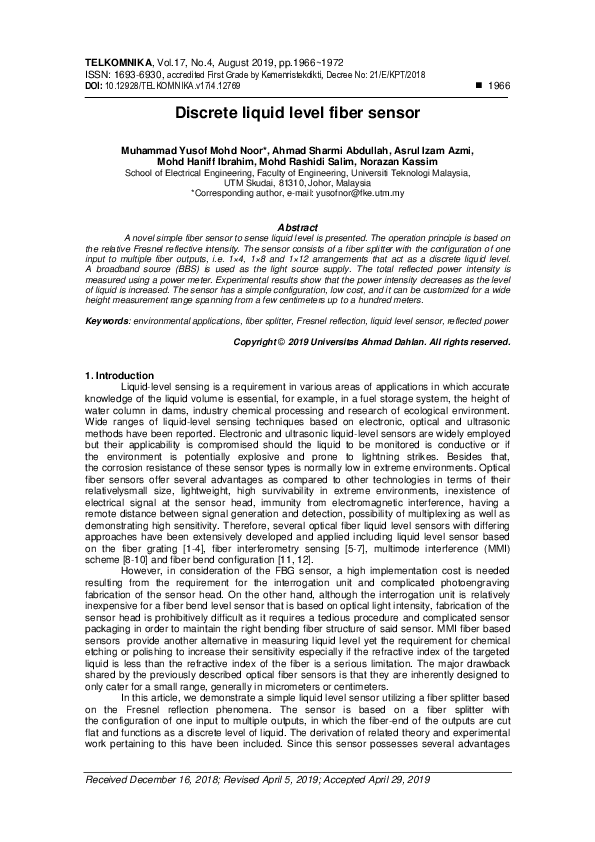 (PDF) Discrete liquid level fiber sensor