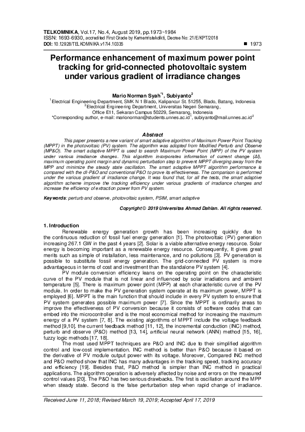 Pdf Performance Enhancement Of Maximum Power Point Tracking For Grid