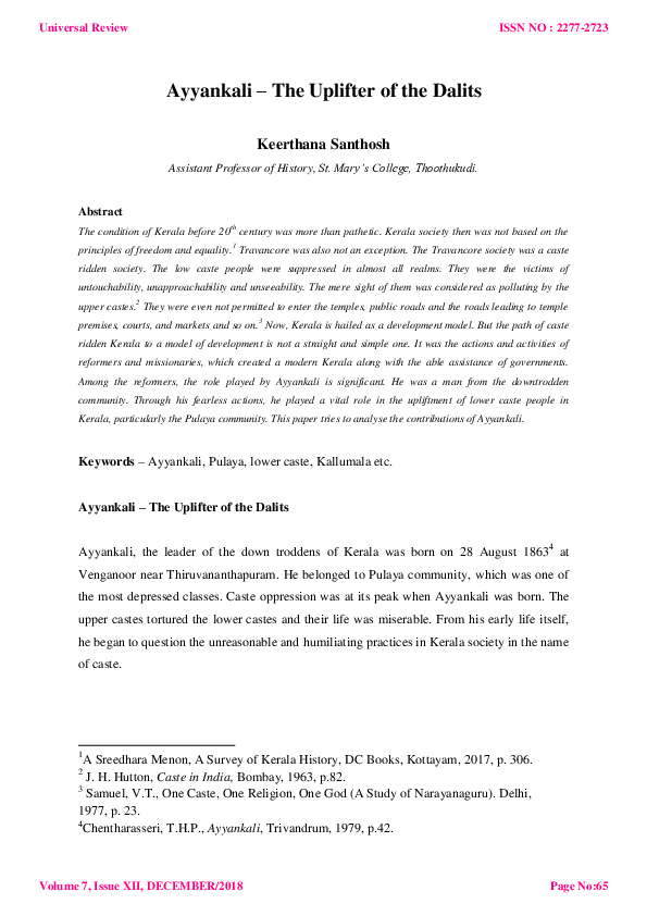 (PDF) Ayyankali -The Uplifter of the Dalits