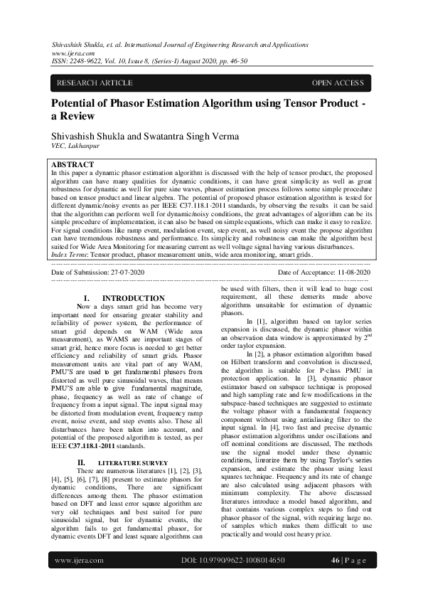 Pdf Potential Of Phasor Estimation Algorithm Using Tensor Product A Review