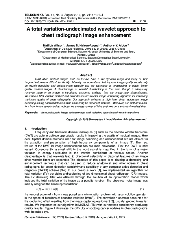 (PDF) A total variation-undecimated wavelet approach to chest radiograph image enhancement
